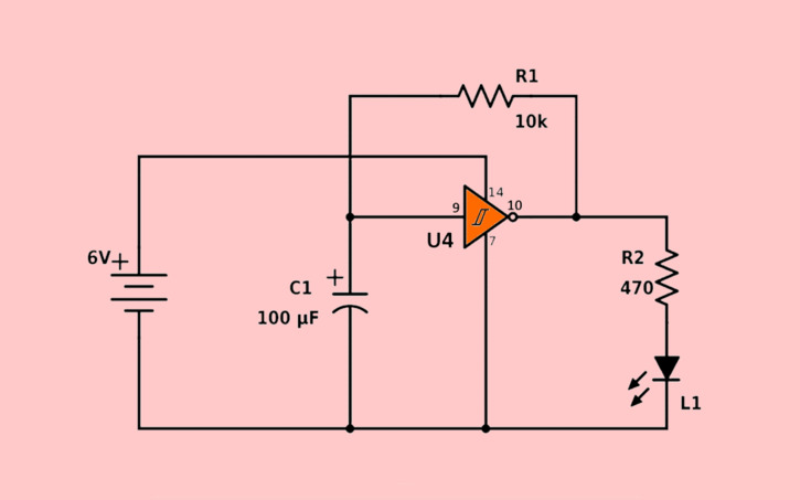 Circuit design 74HC14 drives Buzzer and flashing LED - Tinkercad