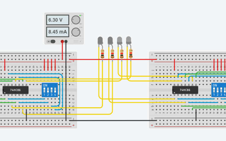 Circuit design 4-bit XOR cipher - Tinkercad