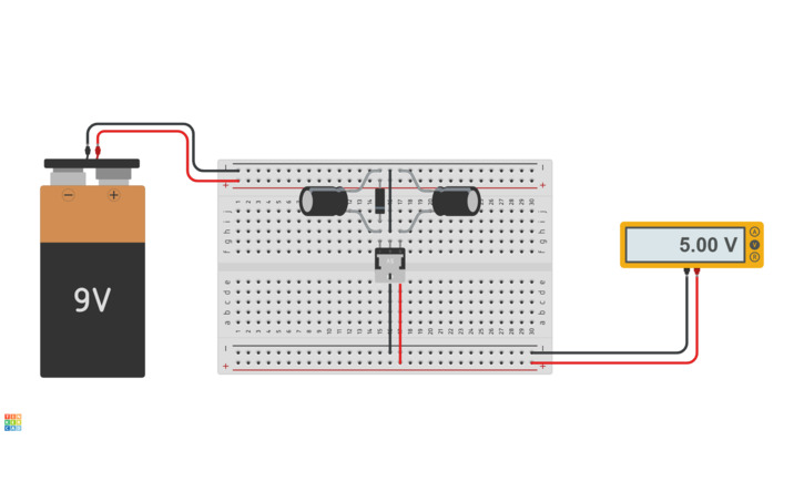 Circuit design 9 volt to 5 volt regulator circuit - Tinkercad
