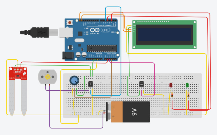 Circuit design Smart Irrigation System - Tinkercad