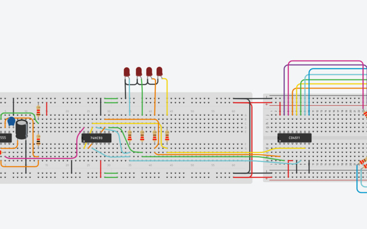 Circuit design 74HC93 counter 0-9 - Tinkercad