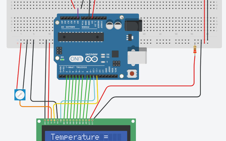 Circuit design Thermomètre Arduino avec écran LCD - Tinkercad